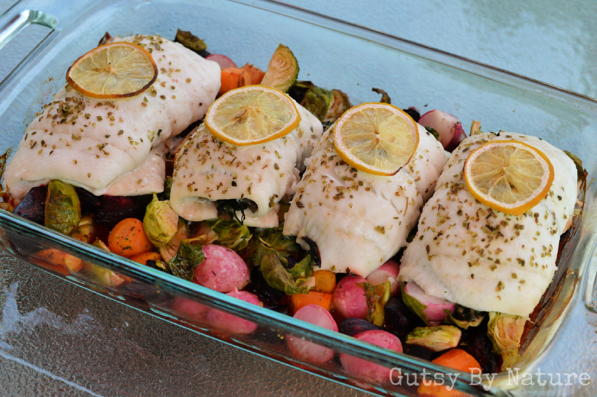 Stuffed Flounder with Root Vegetables and Greens | Ready Set AIP
